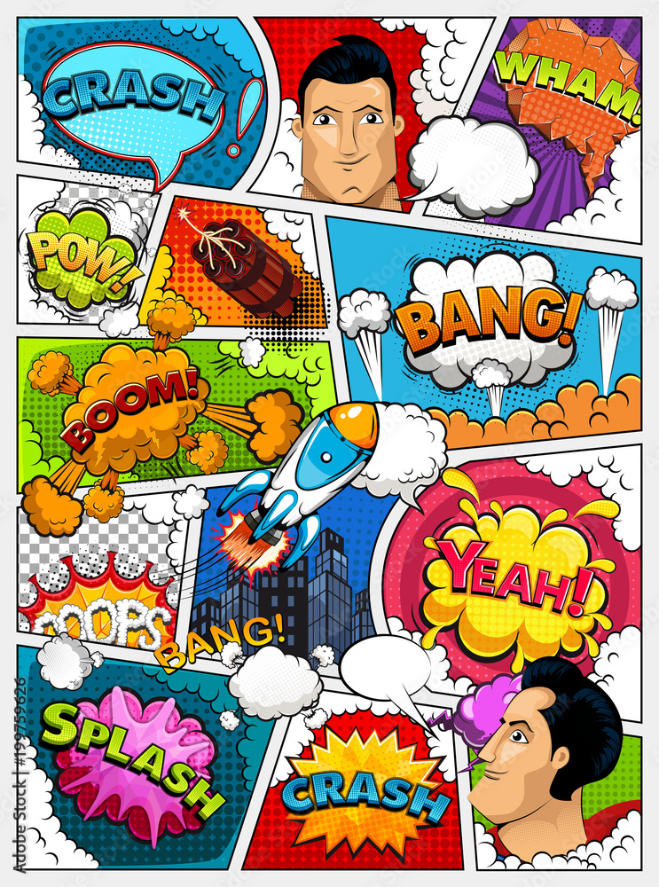 Comic book page layout. Comics template. Retro background mock-up ...