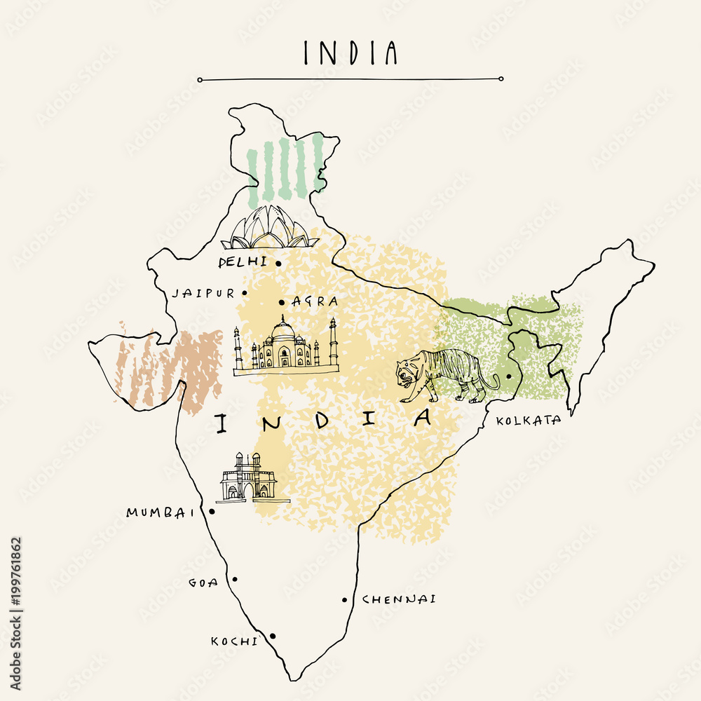 Map of India. Vintage hand drawn postcard Stock Illustration | Adobe Stock