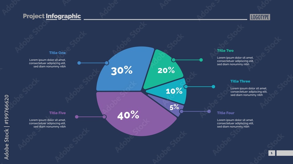 Five Sectors Pie Chart Slide Template Stock Vector | Adobe Stock
