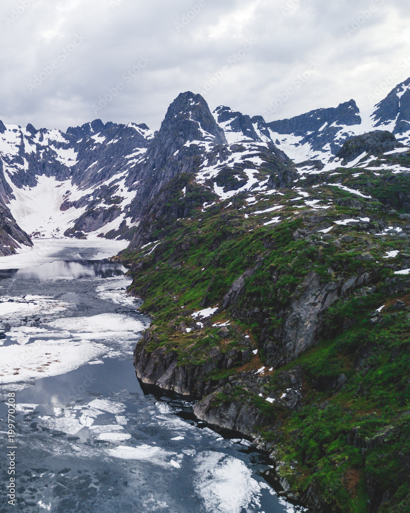Mountain landscapes on Trollfjord in the Lofoten Islands, Norway ...