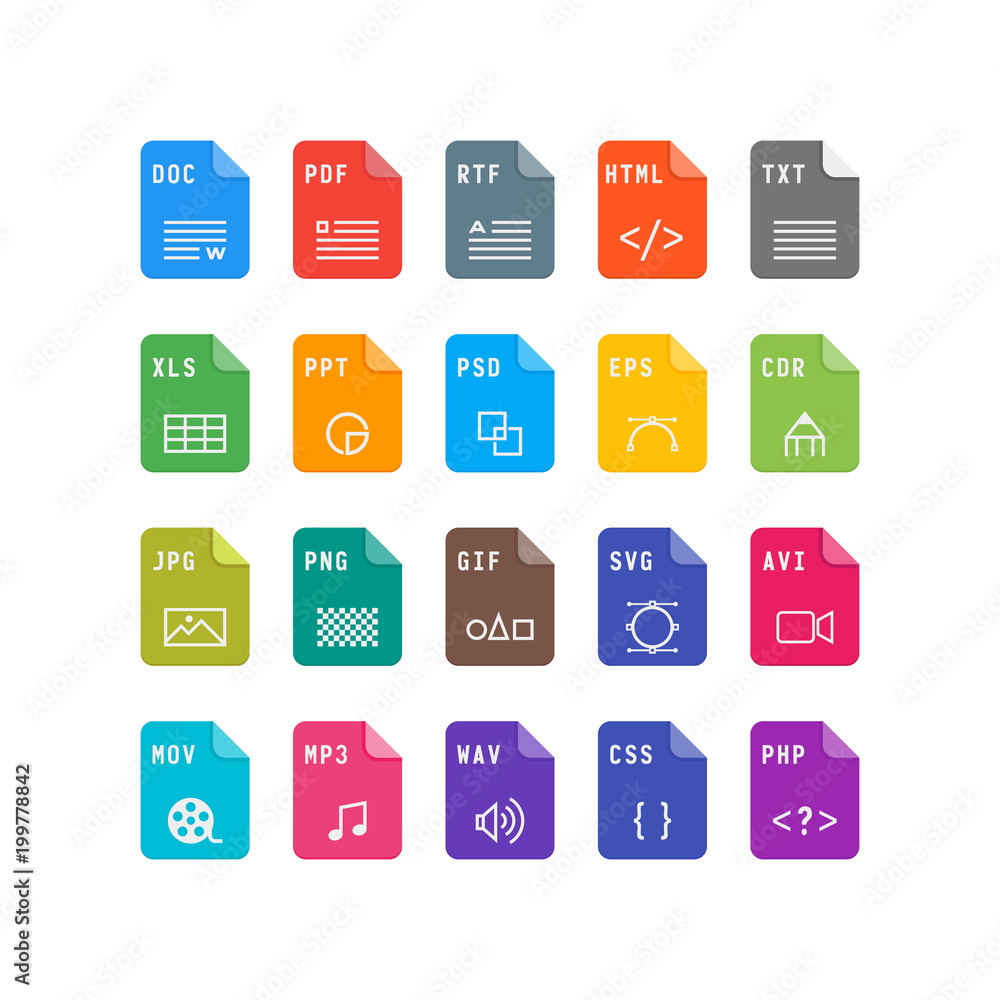 set of file format flat icons. vector illustration Stock Vector | Adobe ...