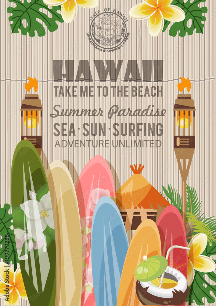 Hawaii vector travel illustration with colorful background. Summer ...