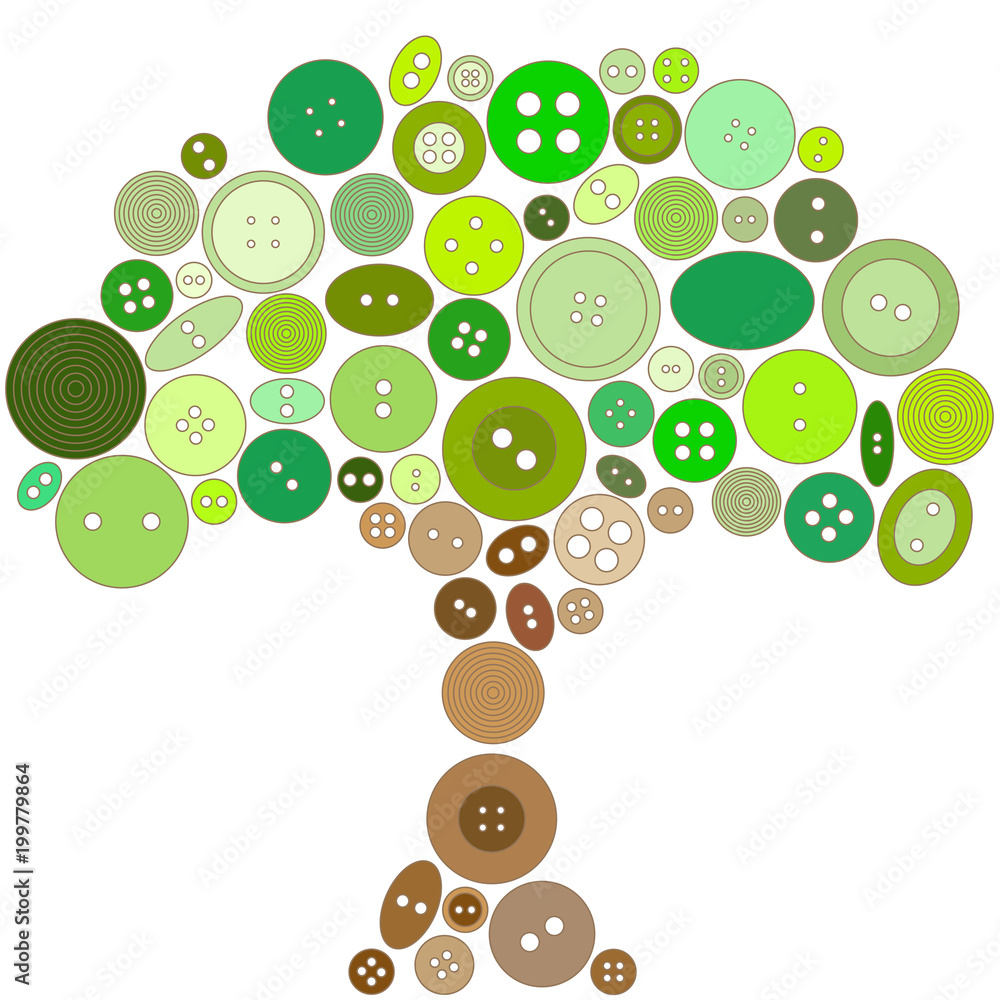 Tree made of green and brown buttons. No mesh, gradients, transparency ...