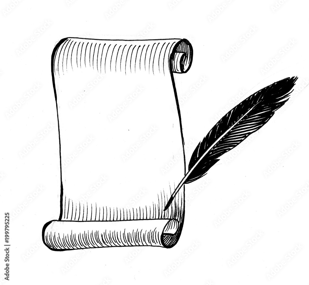 Ink black and white illustration of a blank scroll and quill Stock ...