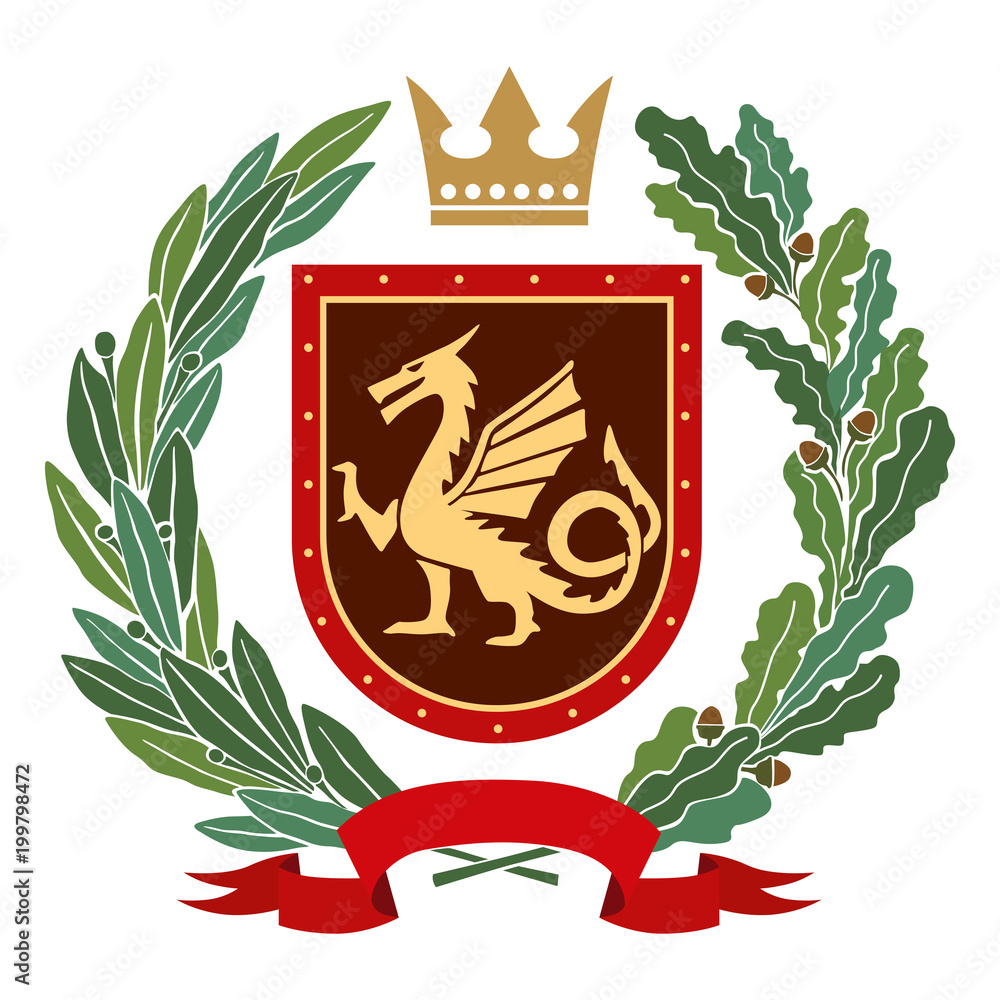 Heraldic image. On the red shield is a stylized golden dragon. On top ...