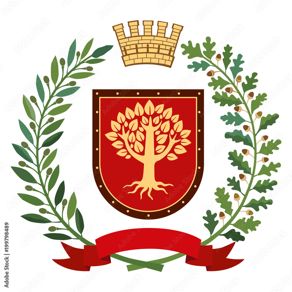 Heraldic image. On the red shield there is a stylized golden tree. On ...
