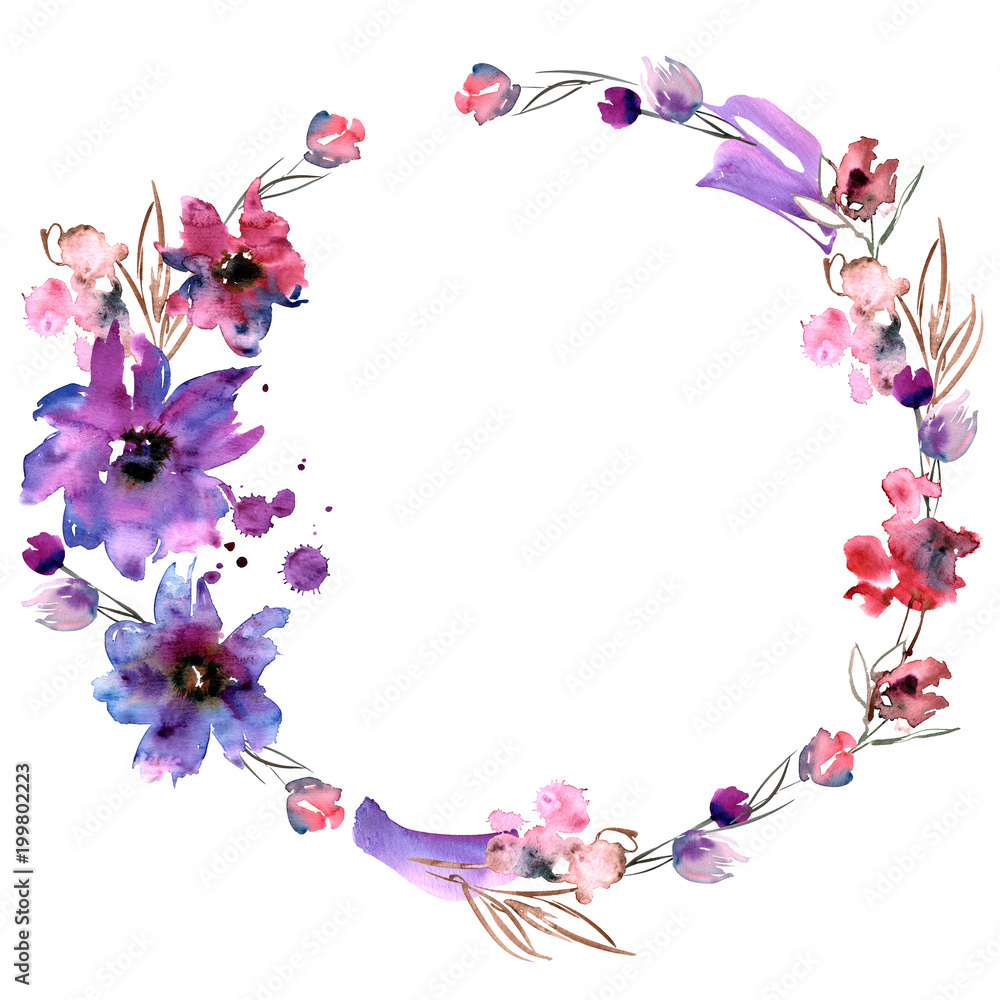 Cute watercolor flower frame with purple flowers. Invitation. Wedding ...