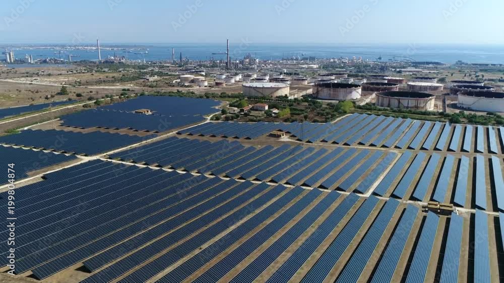 Aerial bird view footage photovoltaic power station also known as a ...