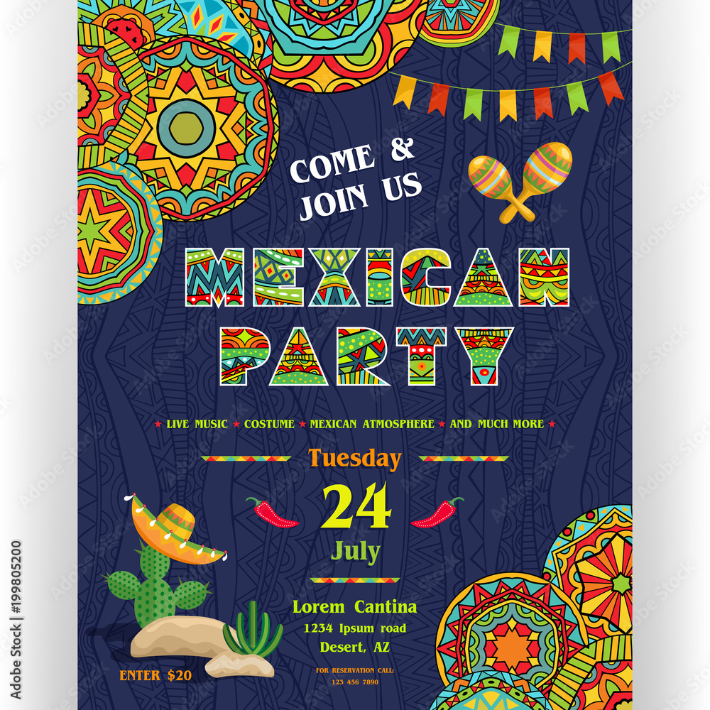 Mexican party announcing poster template. Ornate letters, maracas and ...