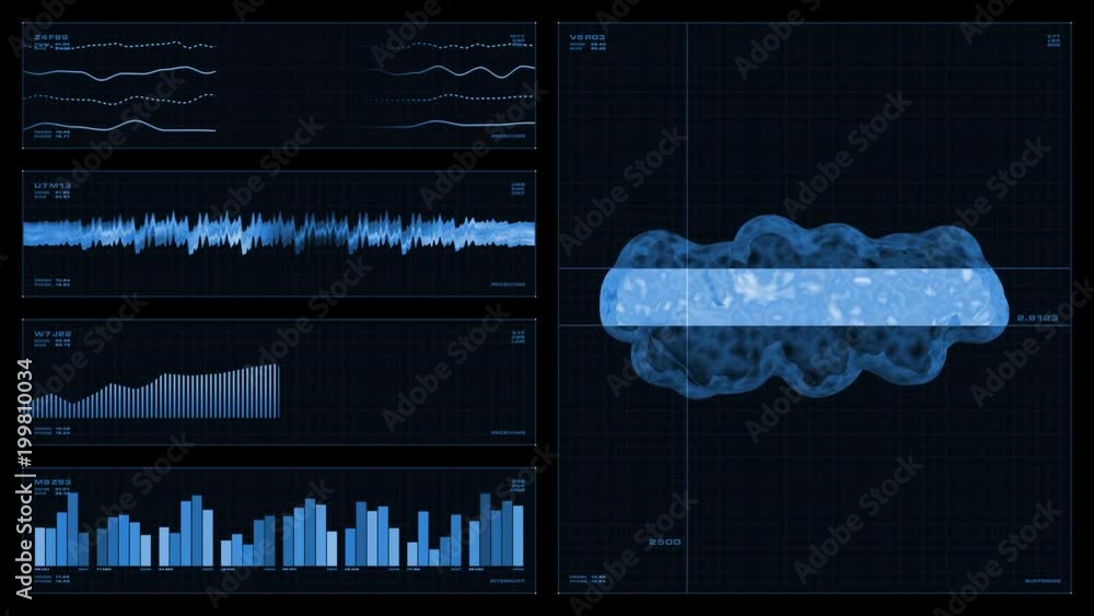 Monochromatic multi-panel visual display: microbe scan, graphs ...