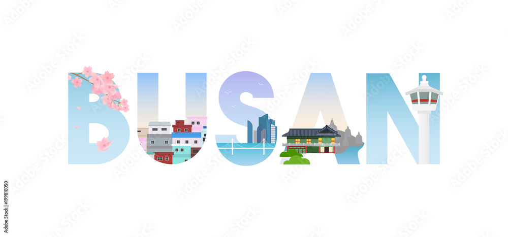 Busan banner vector illustration. Beautiful attractions of Busan inside ...