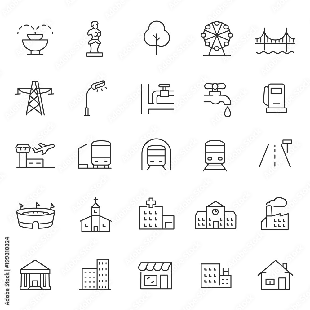 infrastructure and city elements icon set. linear design. Line with ...