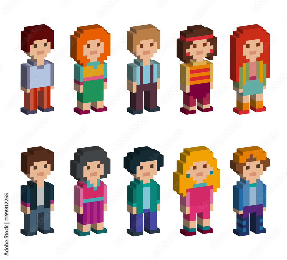 Different pixel 8-bit isometric characters. Men and women are standing ...