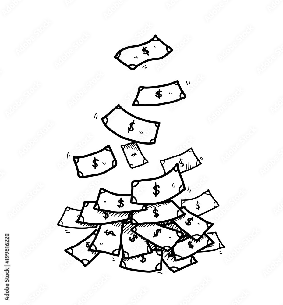 Dollar Bill Money Falling Down One by One to the Ground, a hand drawn ...