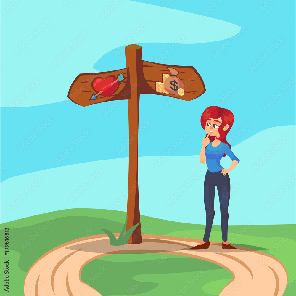 Woman character making choice love or money. Vector flat cartoon ...