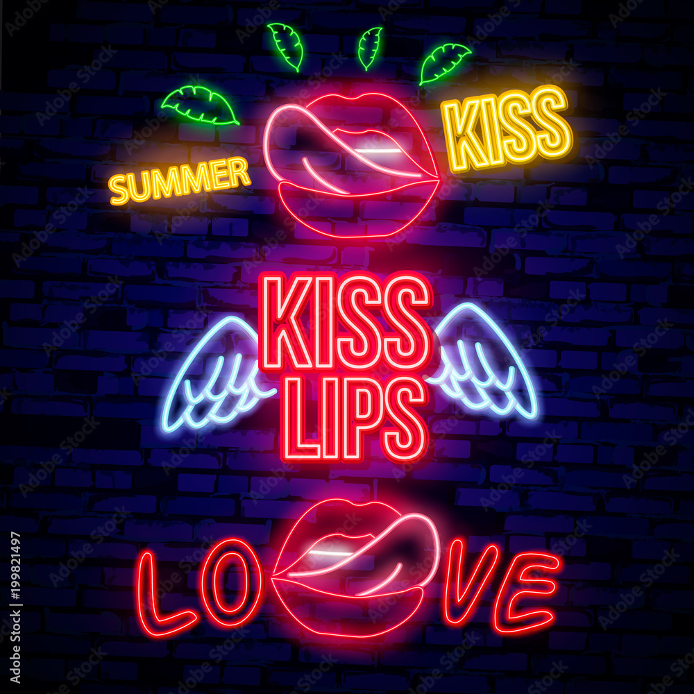 Vector realistic isolated neon retro signs of lips on the wall ...