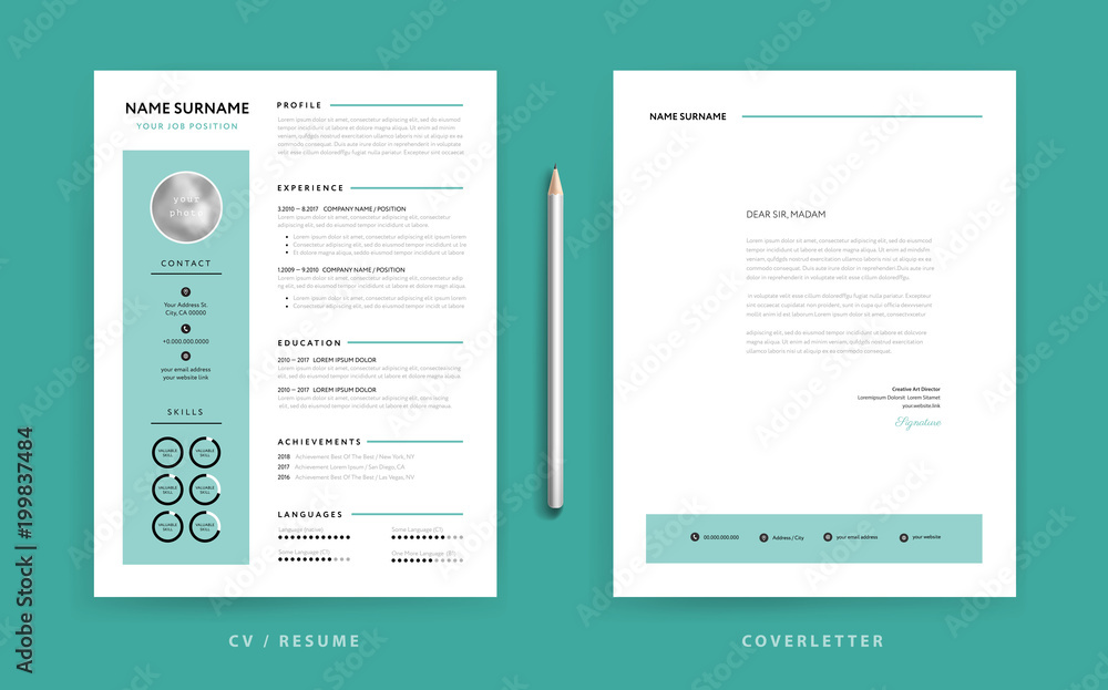 Creative CV / resume template teal green background color minimalist ...