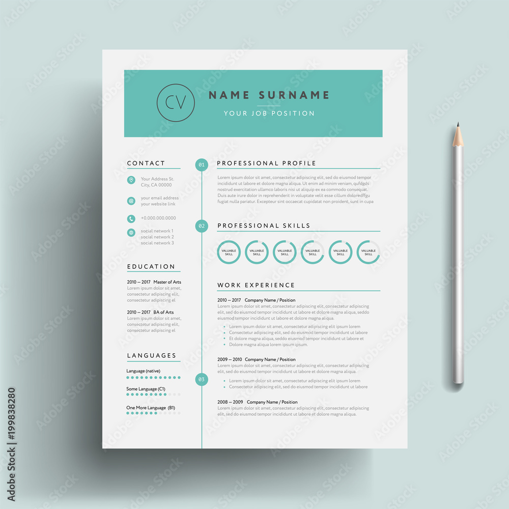 Creative CV / resume template teal green background color minimalist ...