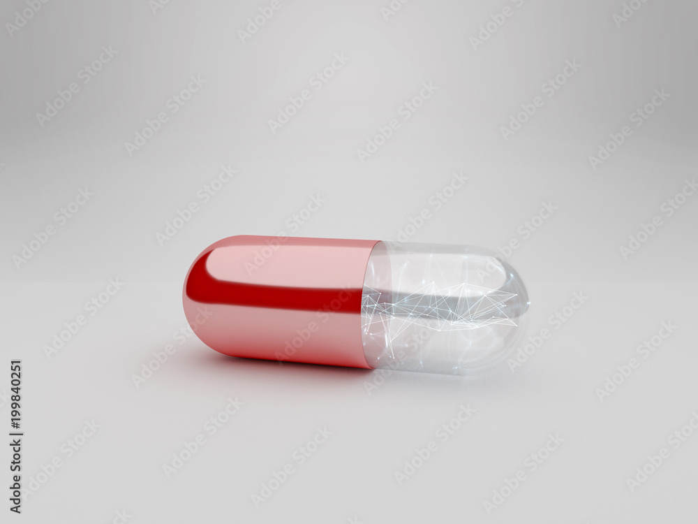 Medical pill with molecular structure inside the capsule. Bio and ...