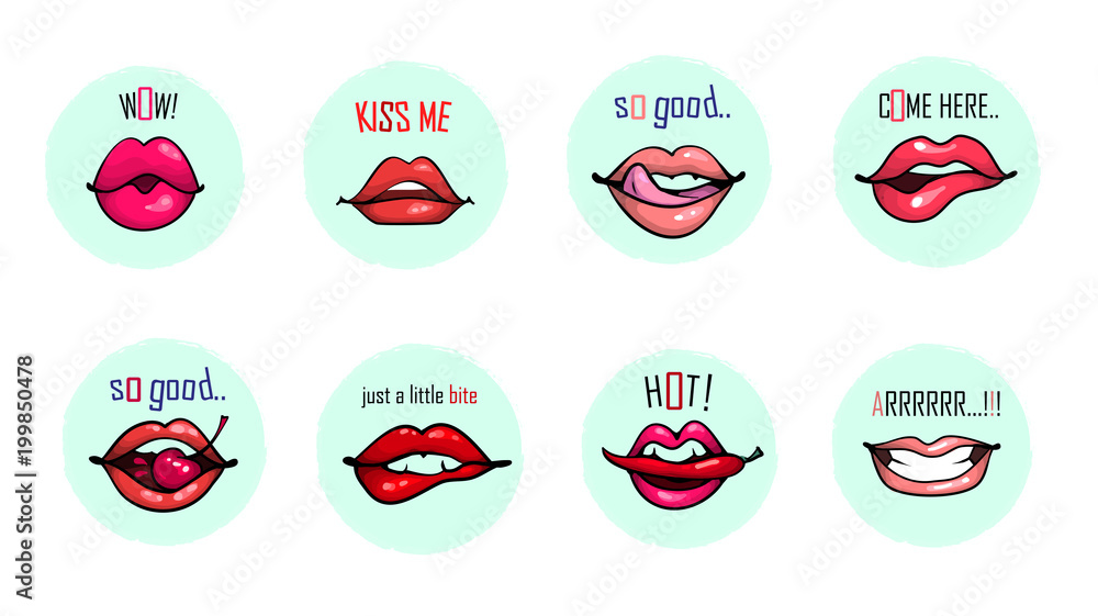 Lips with phrases collection set, sensual hand drawn vector ...