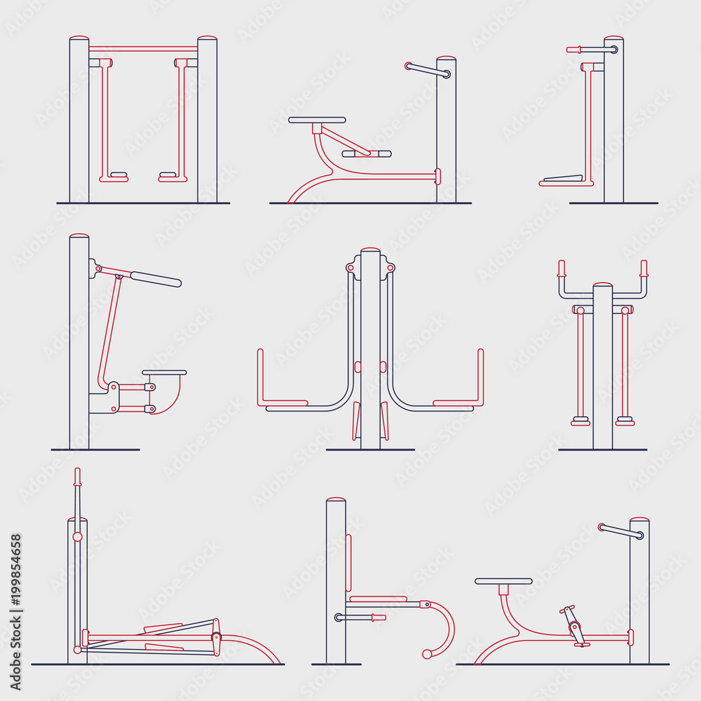 Set of outdoor gym machine. Workout park constructor. Line art style ...