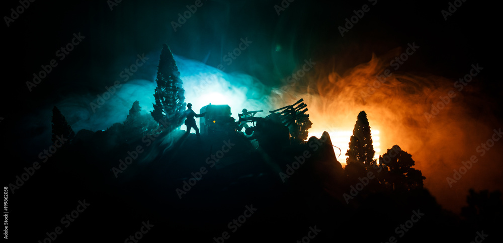 War Concept. Military silhouettes fighting scene on war fog sky ...