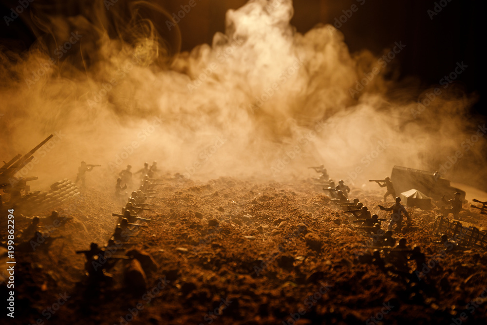 War Concept. Military silhouettes fighting scene on war fog sky ...