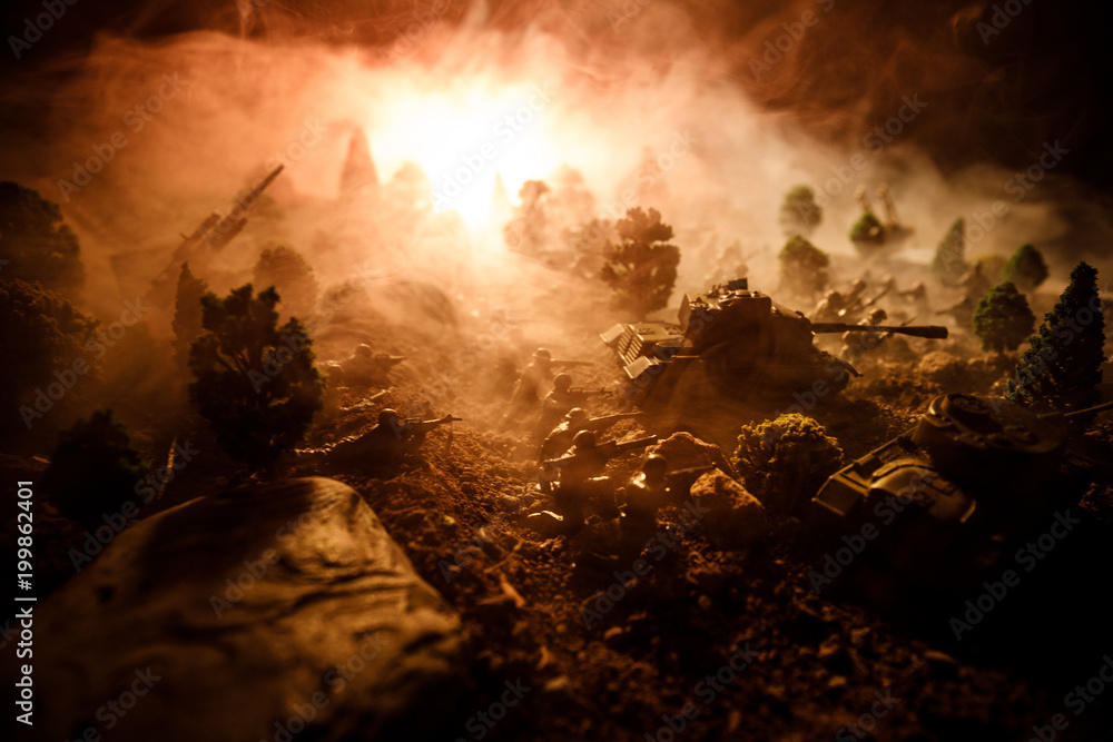 War Concept. Military silhouettes fighting scene on war fog sky ...