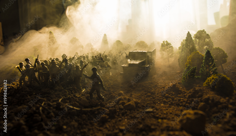 War Concept. Military silhouettes fighting scene on war fog sky ...