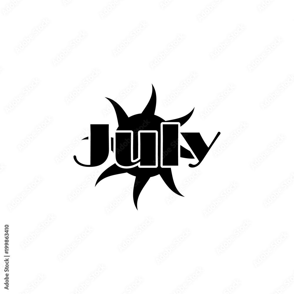 July icon. Written name of the month with different elements relating ...