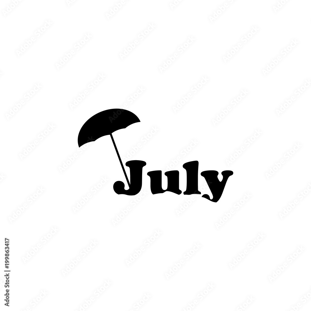 July icon. Written name of the month with different elements relating ...