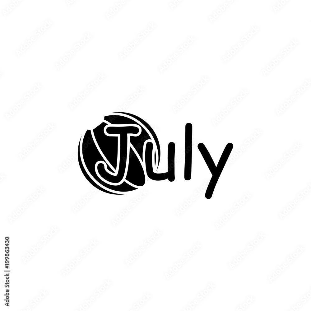 July icon. Written name of the month with different elements relating ...