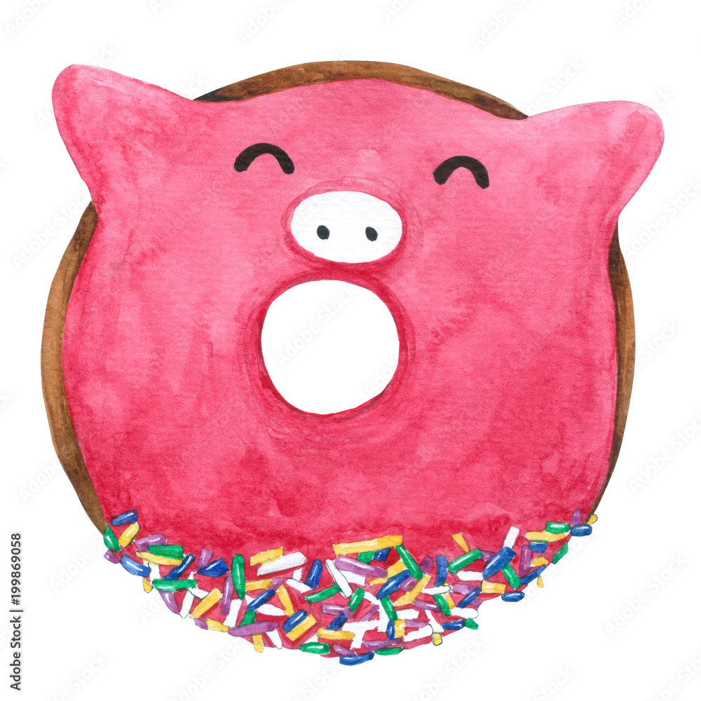 Watercolor Pig Donut on white background with clipping-path for ...
