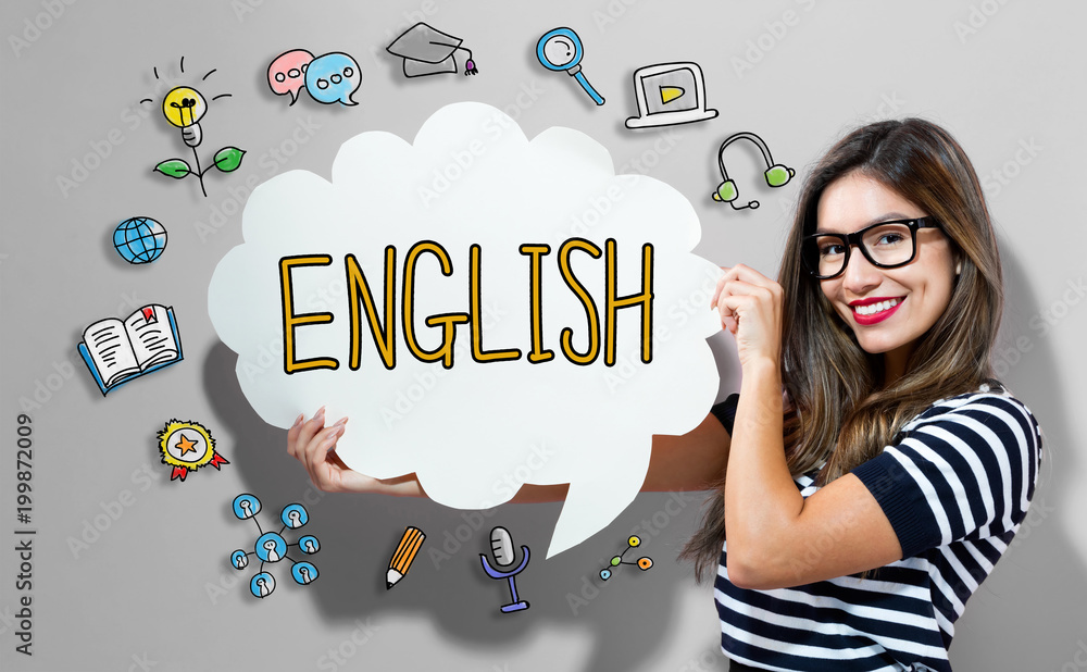English text with young woman holding a speech bubble Stock Photo ...