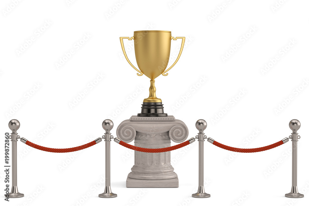 Gold trophy on exhibit pillar with rope barrier isolated on white ...