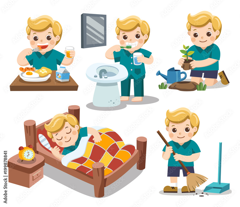 The daily routine of a cute boy on a white background. [sleep, brush ...