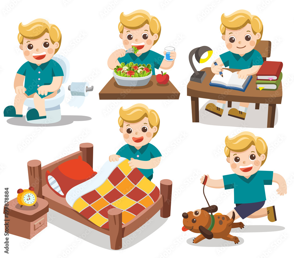 The daily routine of A cute boy on a white background.[wake up, take a ...