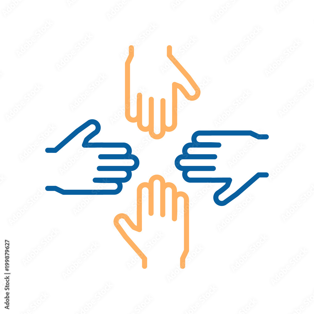 Vector thin line icons with 4 hands. Concept design for teamwork ...