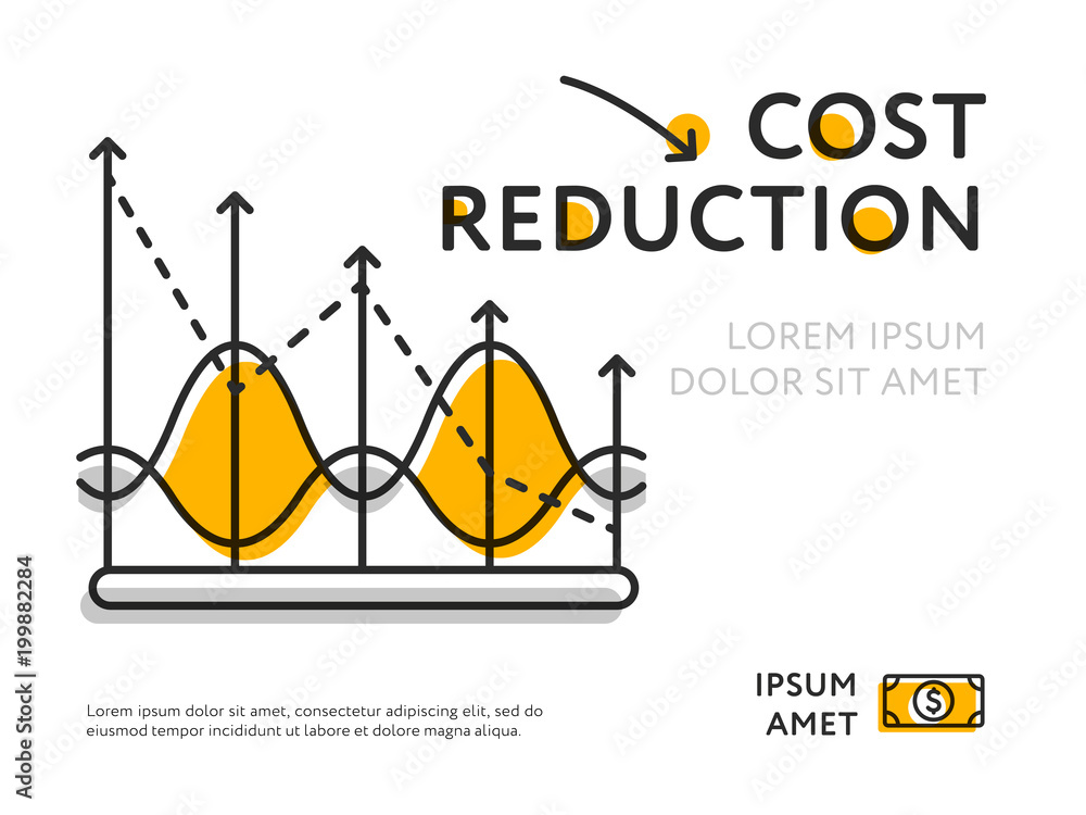 Lowering chart with waving lines and message of Cost reduction on white ...