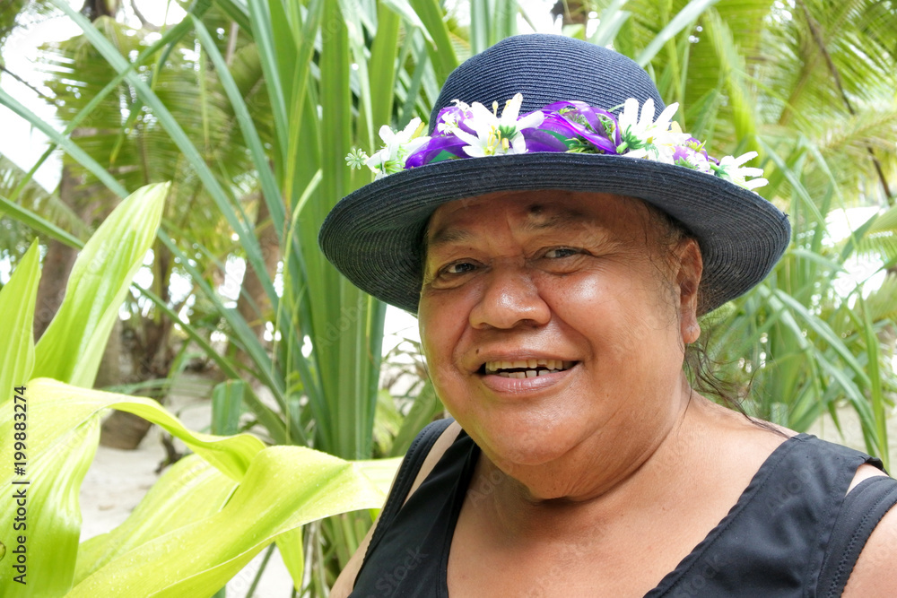 Happy old aged Polynesian Cook Islander woman smile in Rarotonga Cook ...