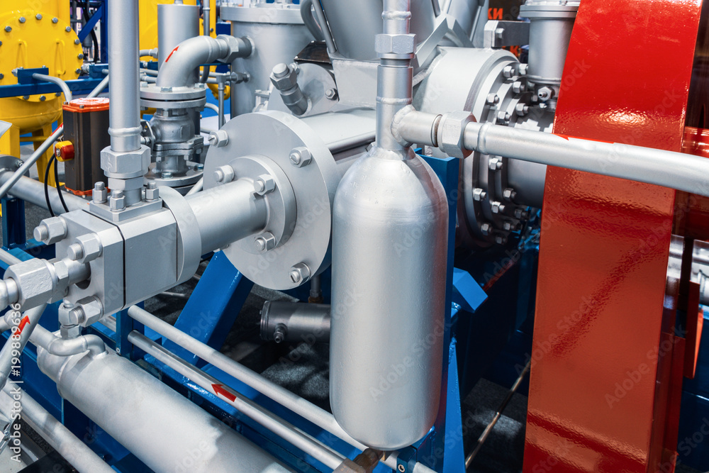 Pipeline system of a powerful industrial gas compressor. Stock Photo ...