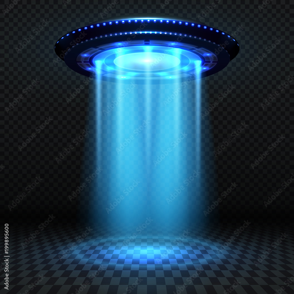 Aliens futuristic spaceship, ufo with blue lights. Invasion vector ...