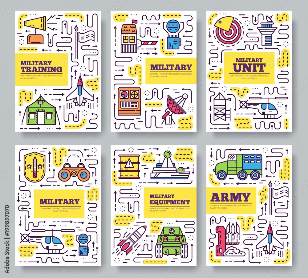 Thin line different rocket weapons brochure card set. Vehicles on ...