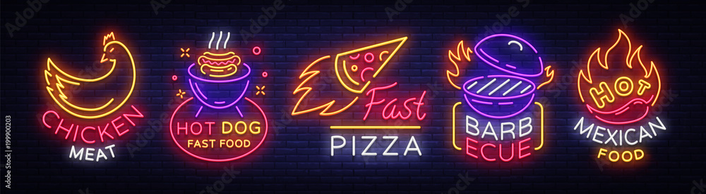 Bright neon symbols for food. Collection Design Elements, Neon Signs ...
