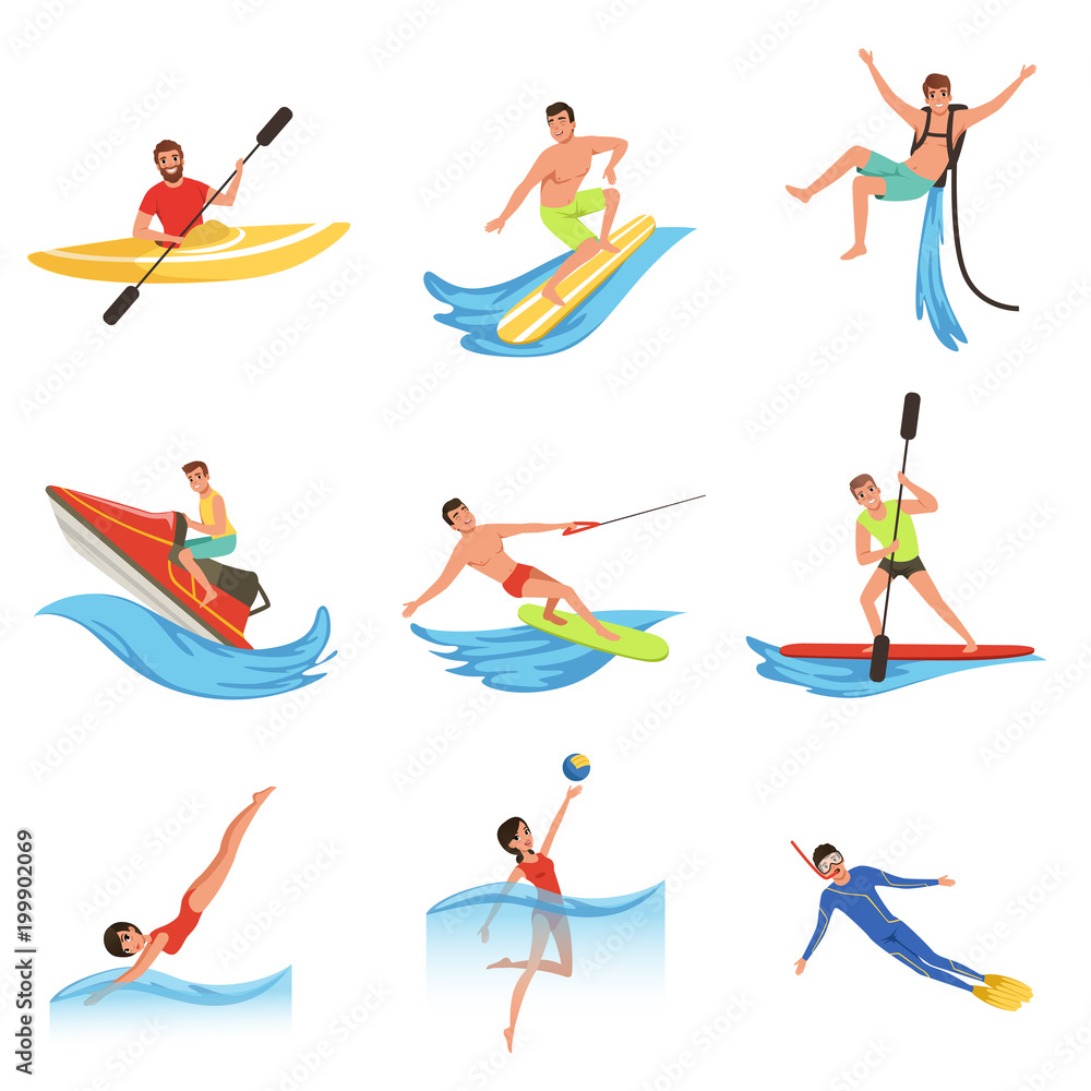 Flat vector set of cartoon people characters involved in extreme water ...