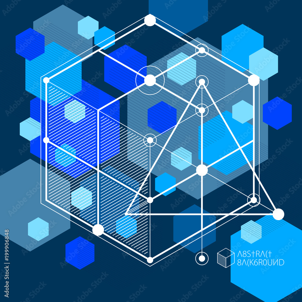 Isometric abstract dark blue background with linear dimensional cube ...