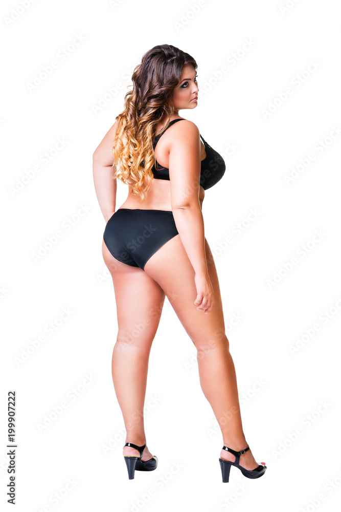 Plus Size Sexy Model In Black Underwear Fat Woman Isolated On White