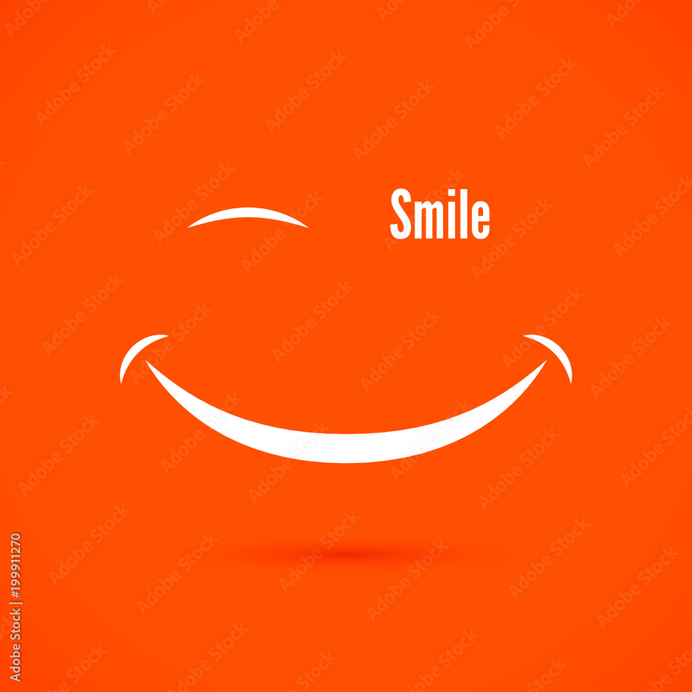 White smile icon on warm orange color background. Text smile instead of ...