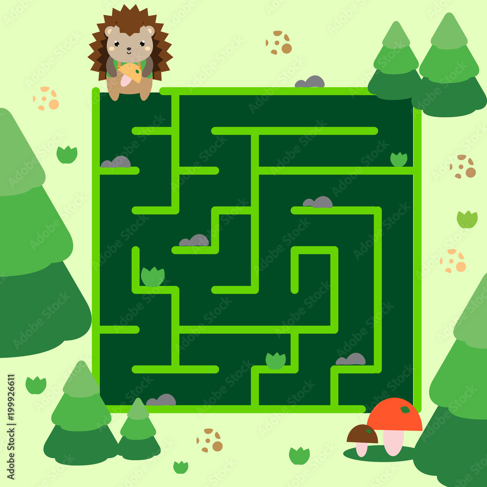 Maze game. Help hedgehog go through forest. Animals theme activity for ...