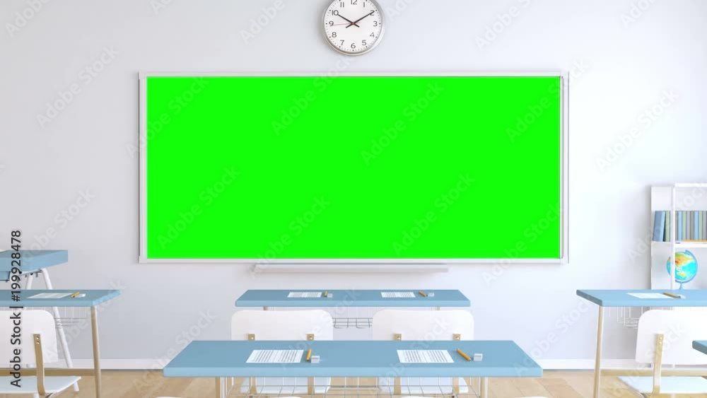 School classroom with desks and blackboard with track green screen ...